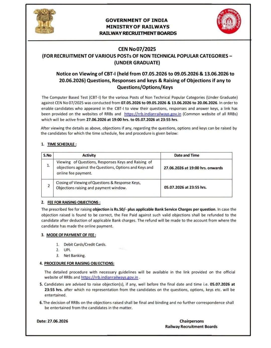 RRB NTPC 10+2 UG 07/2025 CBT-I Answer Key 2026: Out for 3058 Posts # ...